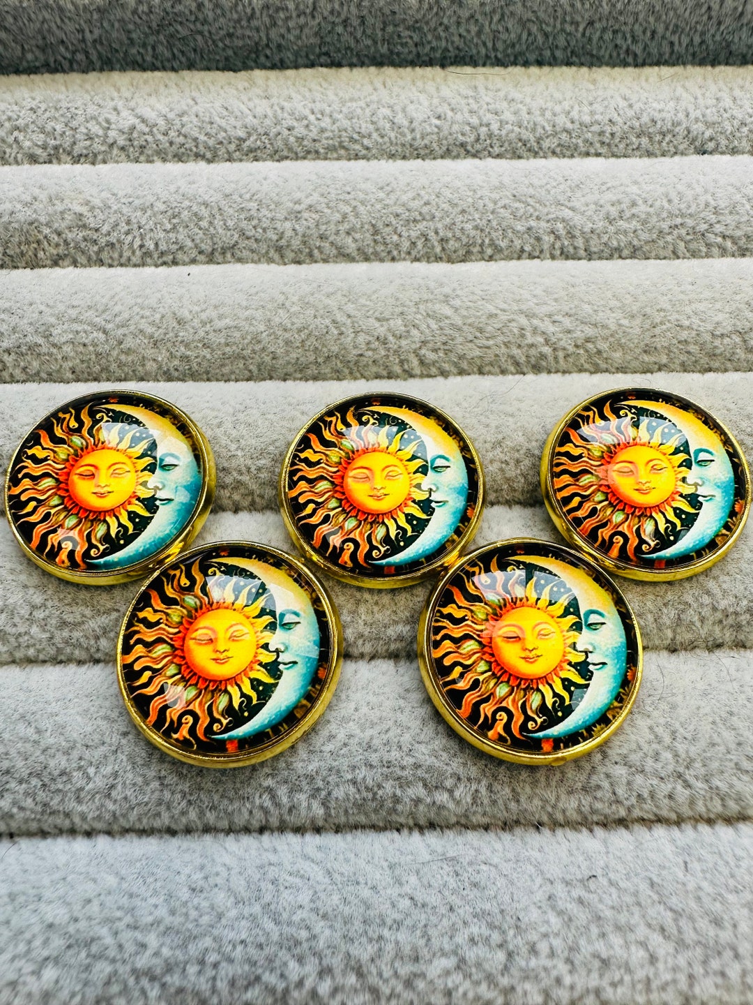 Celestial Buttons Sun and Moon Design 21mm a Set of 5 Glass and Metal ...