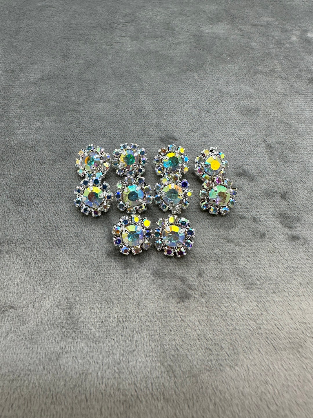 Rhinestone Buttons Iridescent Set in Silver-tone Metal 12mm a Set of 10 ...