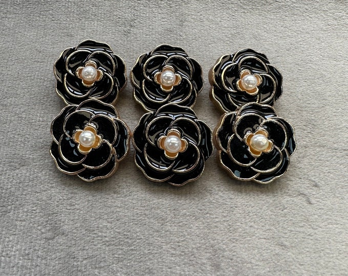Enamel Flower Buttons Black and Gold-tone With Faux Pearl 22mm a Set of ...