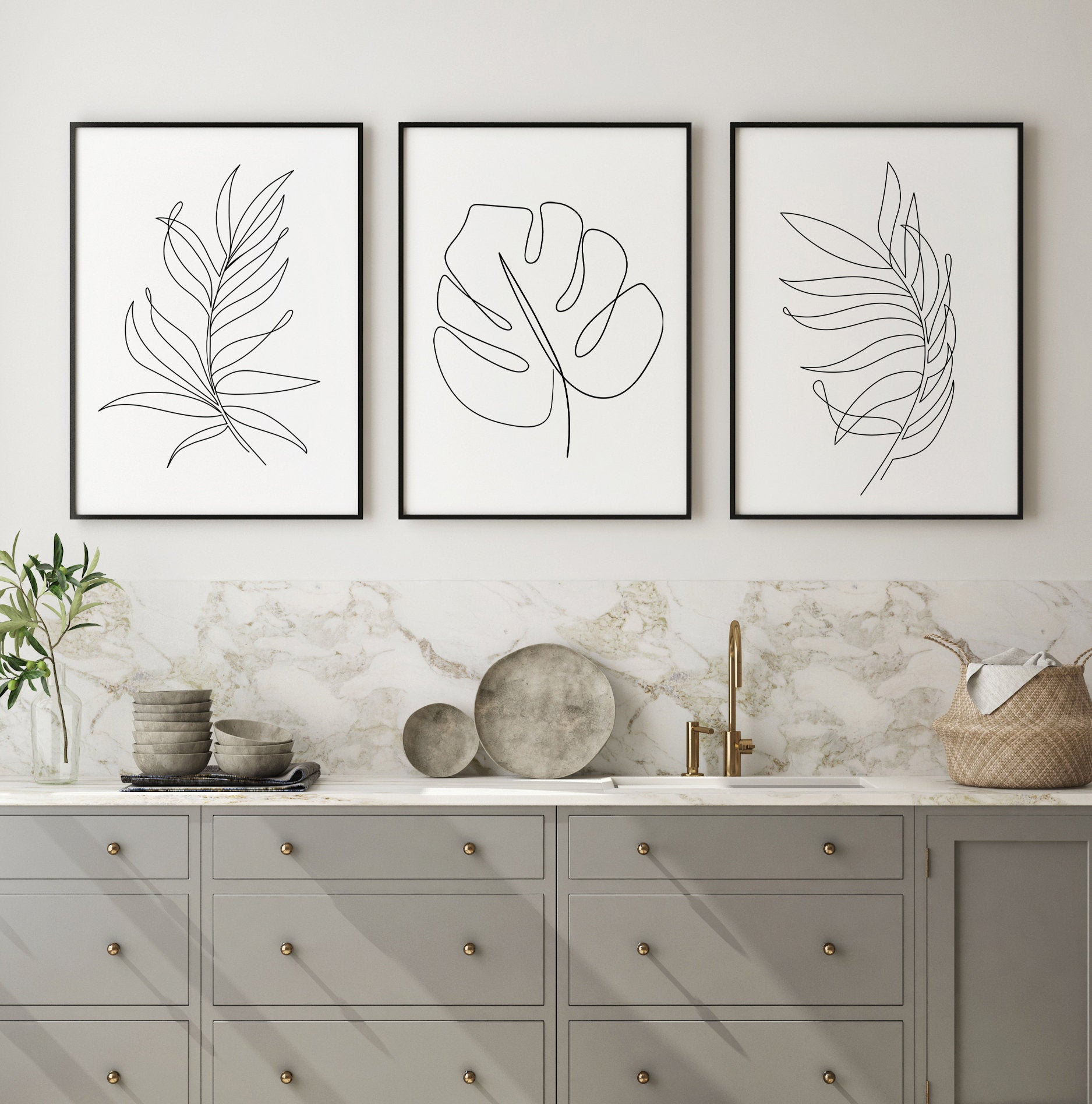 Set of 3 Floral Line Art Prints, Line Art, Monochrome Prints, Leaves ...
