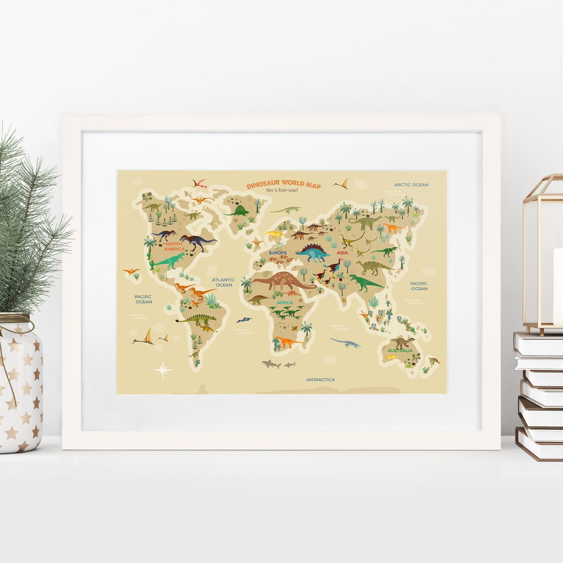 Dinosaur World Map Personalised Print - Custom Made Landmark, Animal ...
