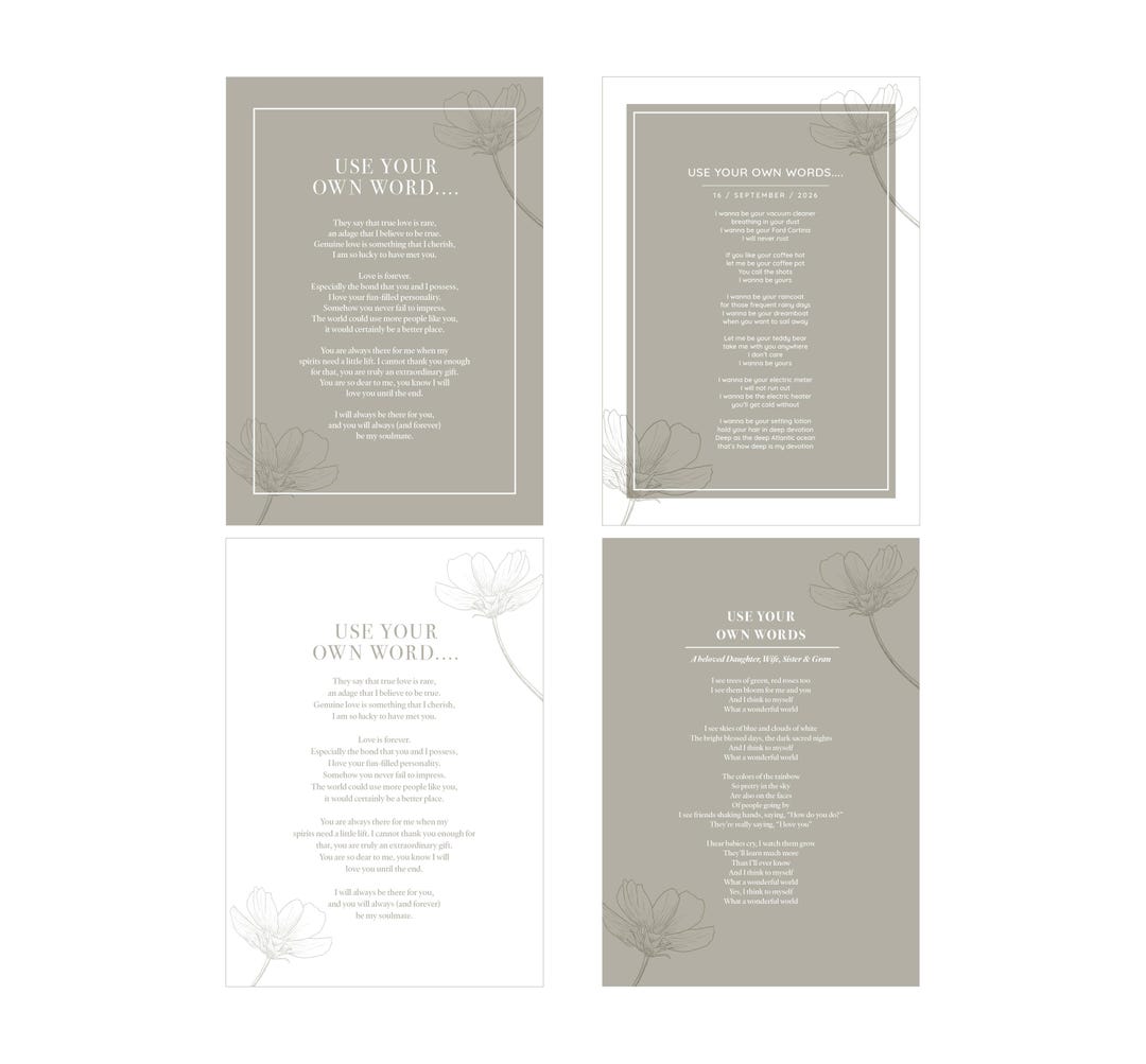Custom Made Floral Poem Prints Choice of 4 Designs Use Your Own Words ...