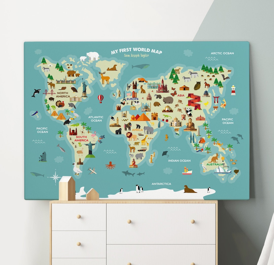 My First World Map Personalised Print - Custom Made Landmark, Animal ...
