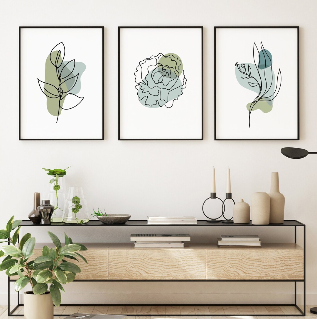 Set of Three Contemporary Line Art Colour Digital Files for Home, Green ...