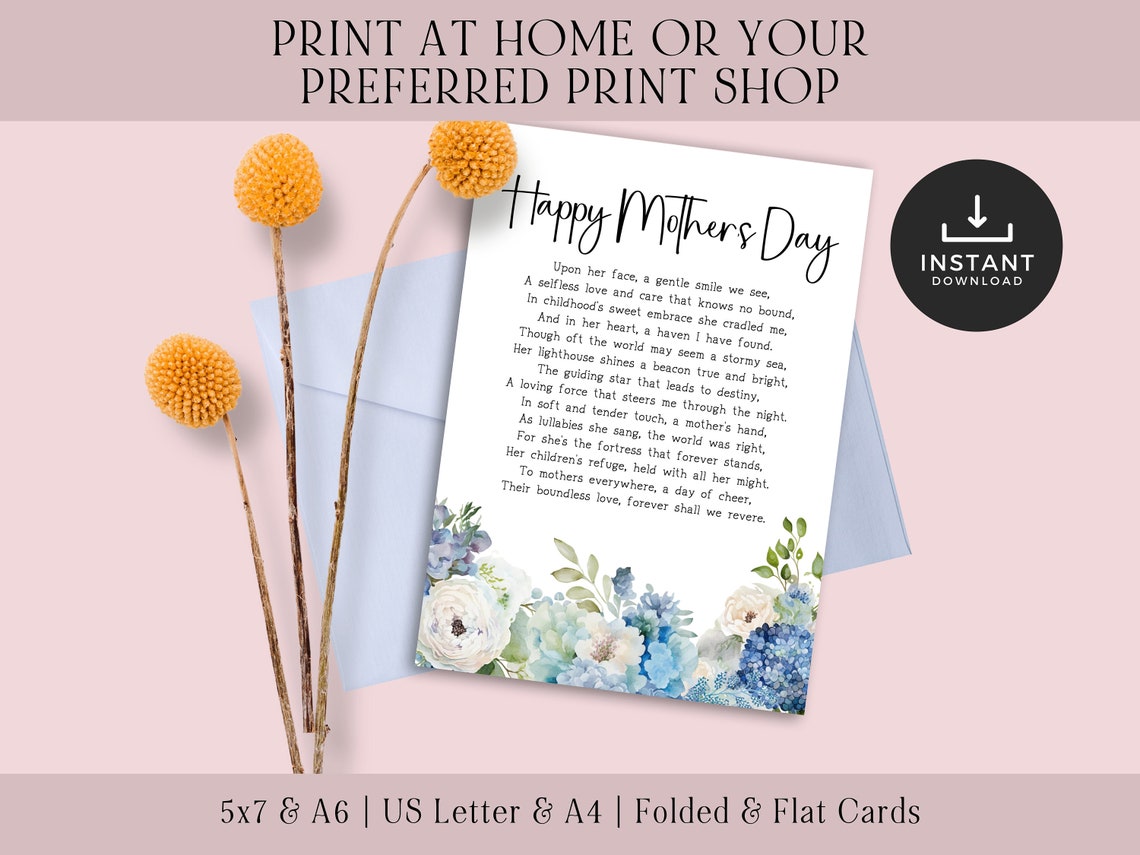 Mother's Day Poem Card Printable Mother's Day Floral Card PDF Card for ...