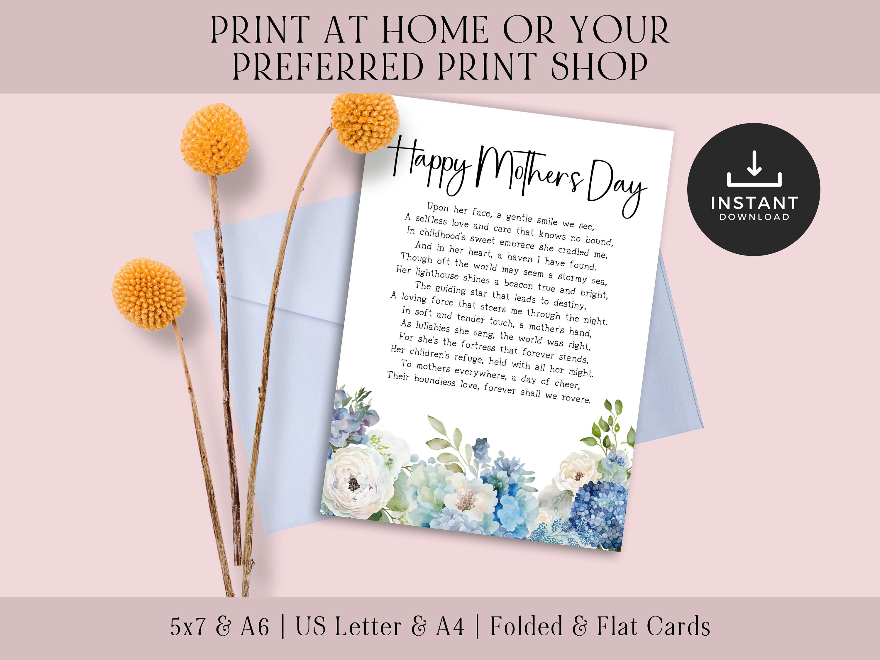 Mother's Day Poem Card Printable Mother's Day Floral Card PDF Card for ...