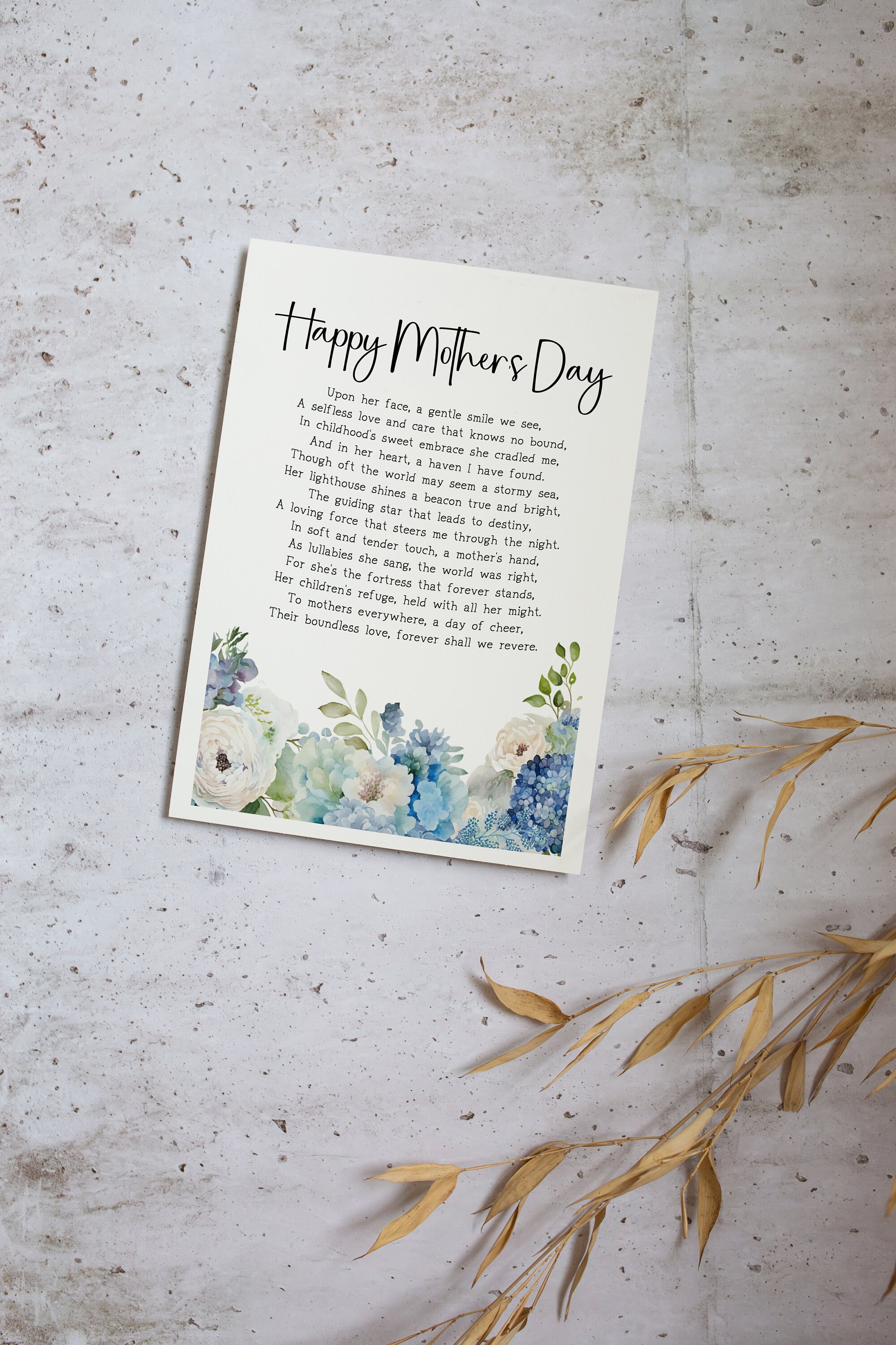 Mother's Day Poem Card Printable Mother's Day Floral Card PDF Card for ...