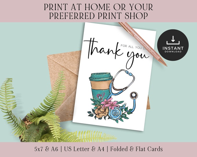 PRINTABLE Nurse Thank You Card, Floral Card for Nurse, Gift for Nurse ...