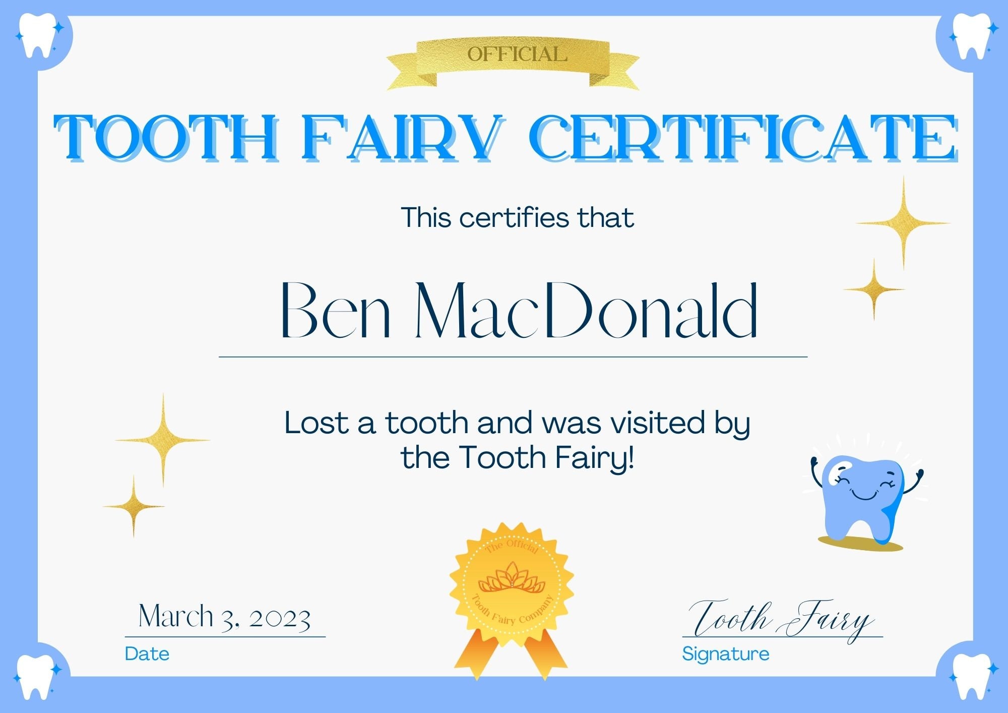 Tooth Fairy Certificate - Etsy