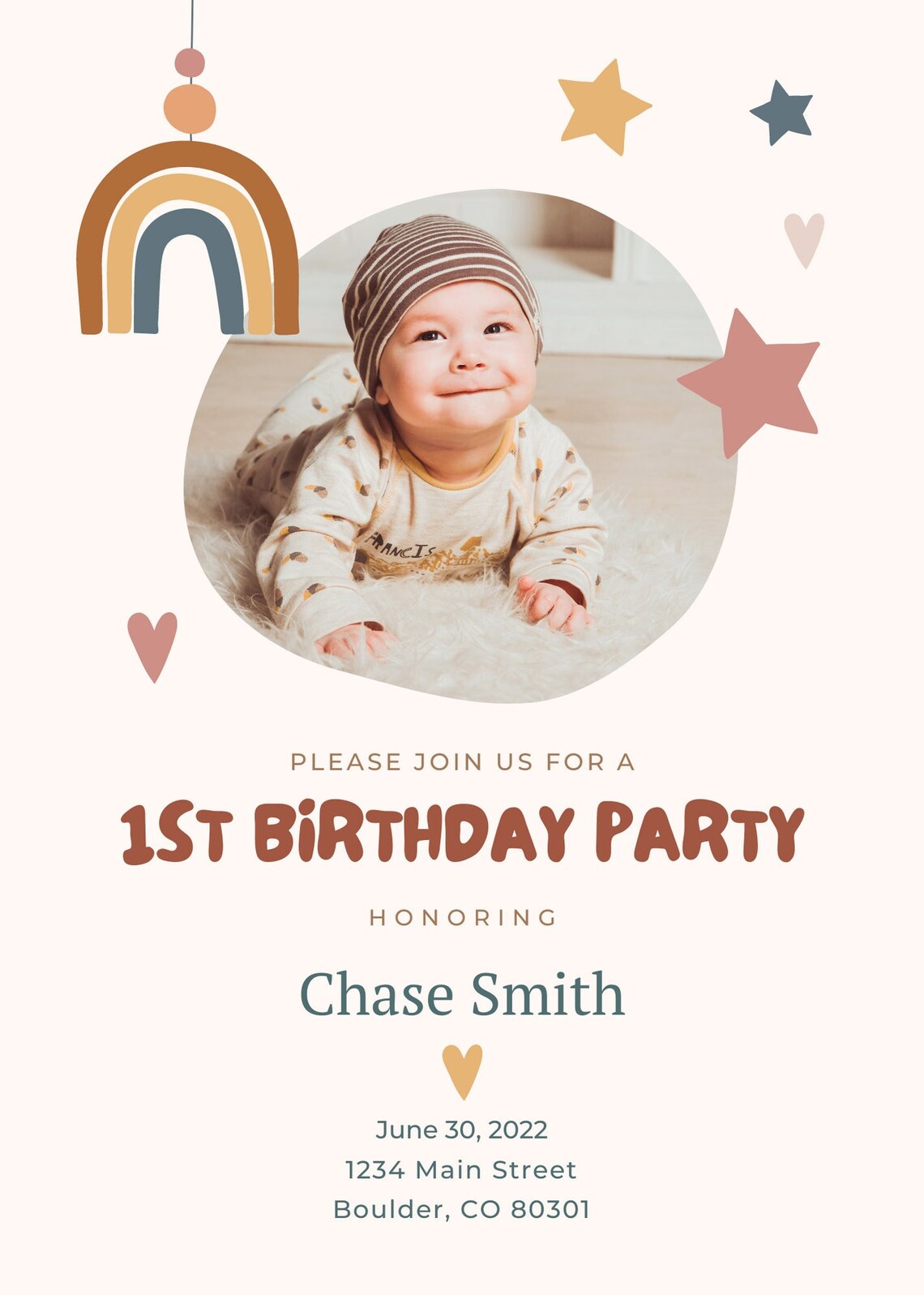 Neutral First Birthday Invitation Rainbows Hearts Stars Boho Terracotta ...