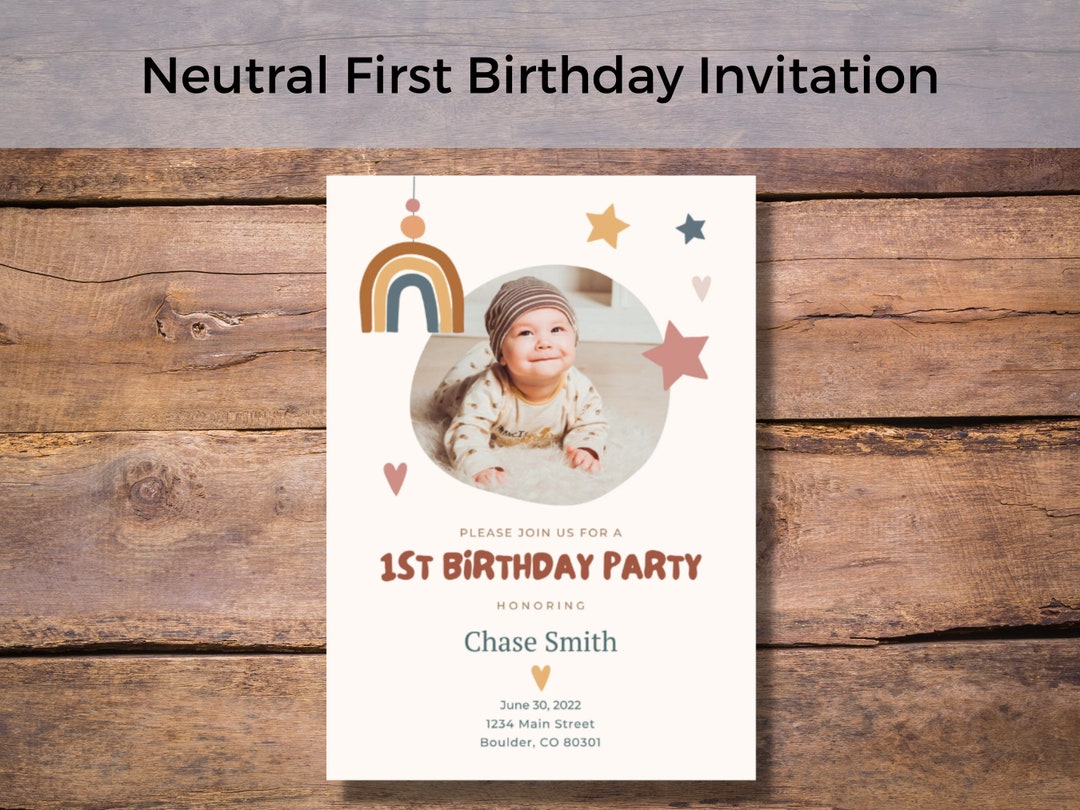 Neutral First Birthday Invitation | Rainbows Hearts Stars | Boho ...