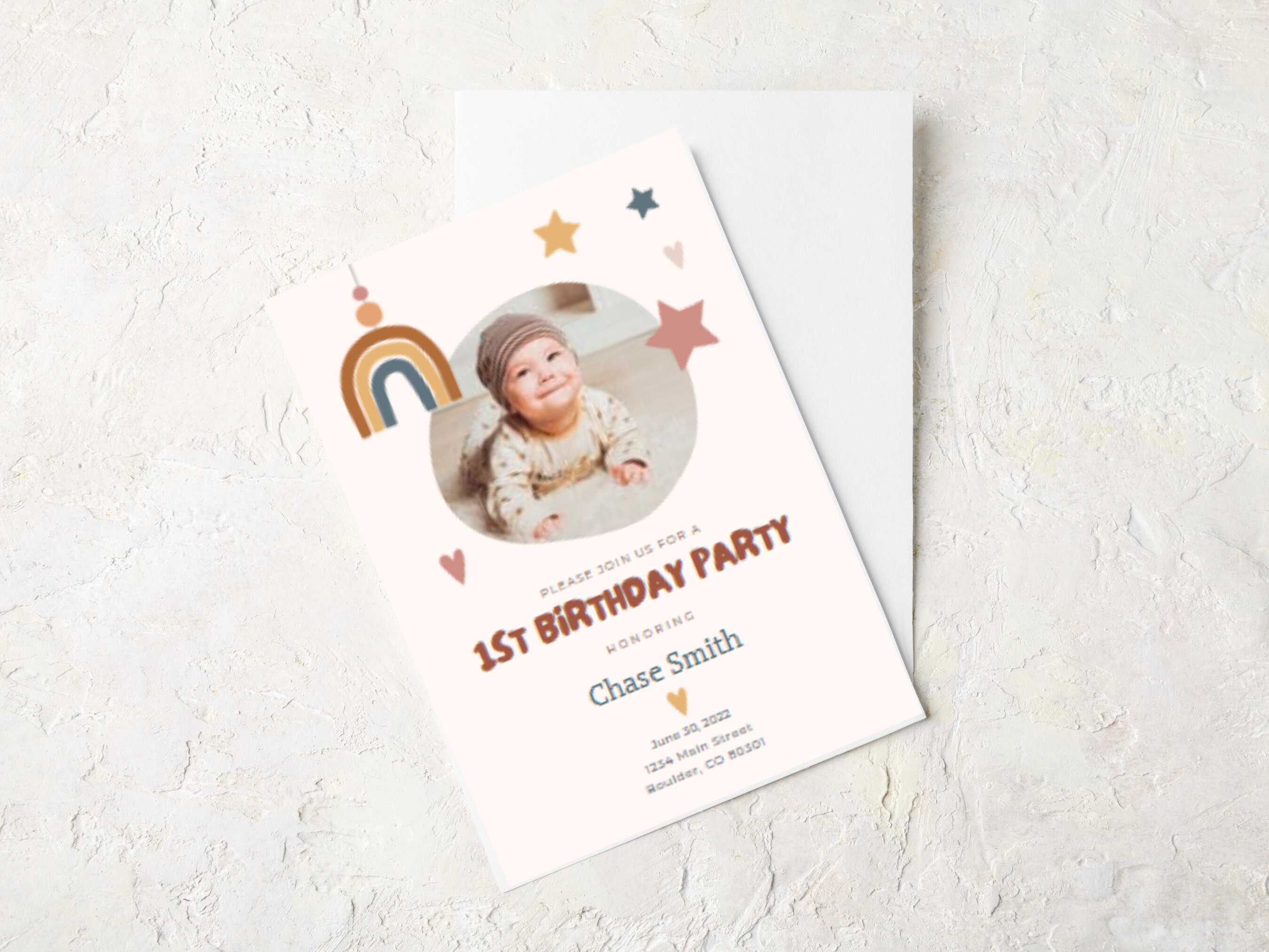 Neutral First Birthday Invitation | Rainbows Hearts Stars | Boho ...