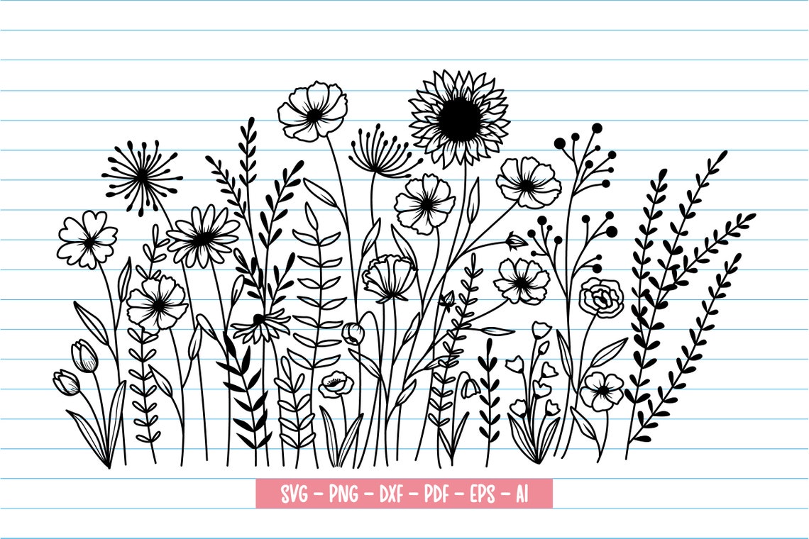 Wildflower Svg, Flower Meadow Svg, Flower Svg Files, Flower Line Art ...