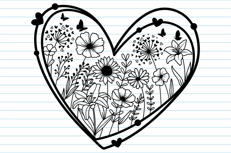 Flower Heart Svg, Wildflower in Heart Svg, Heart Frame Svg, Flower ...