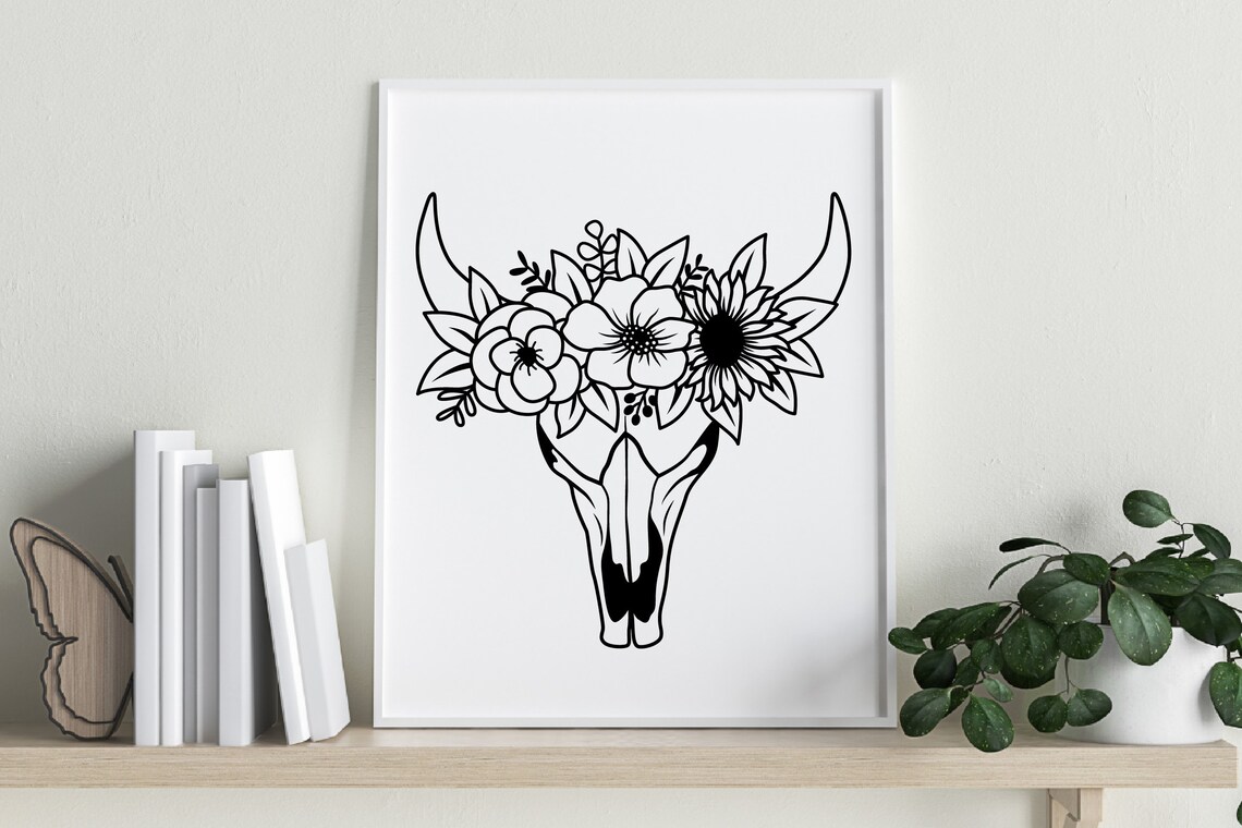 Cow Skull With Flower Svg, Cow Skull Svg, Cow Skull Flower Svg, Cow ...