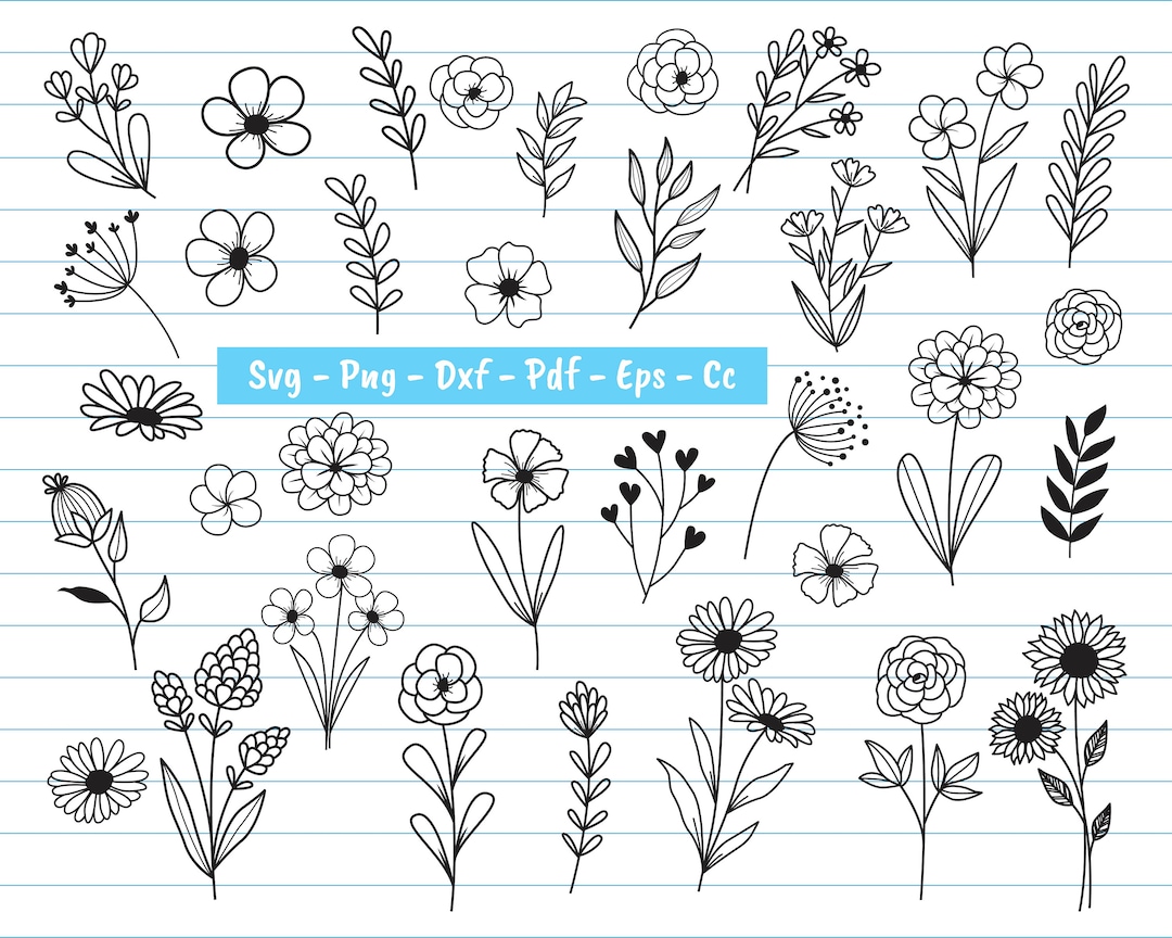 34 Flowers Svg, Flower Svg Bundle, Hand Drawn Flowers and Leafs ...