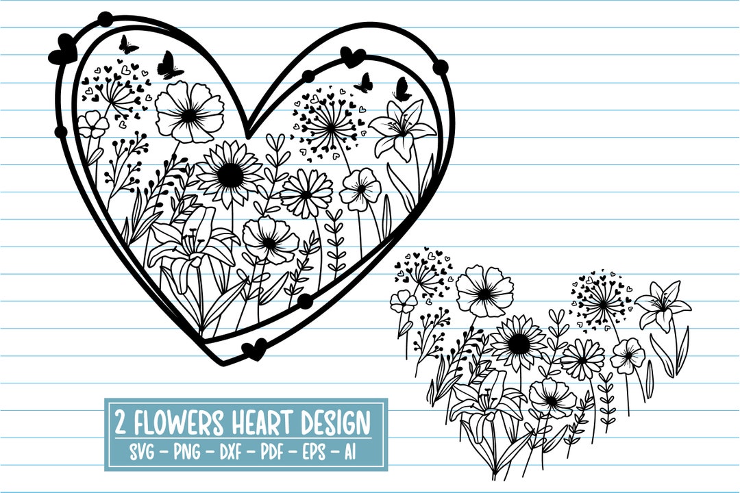 Flower Heart Svg, Wildflower in Heart Svg, Heart Frame Svg, Flower ...