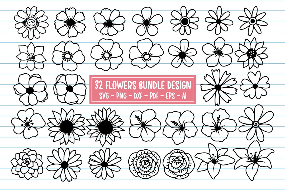 32 Flower Svg Bundle, Flowers Svg, Floral Svg, Flower Line Art, Flower ...