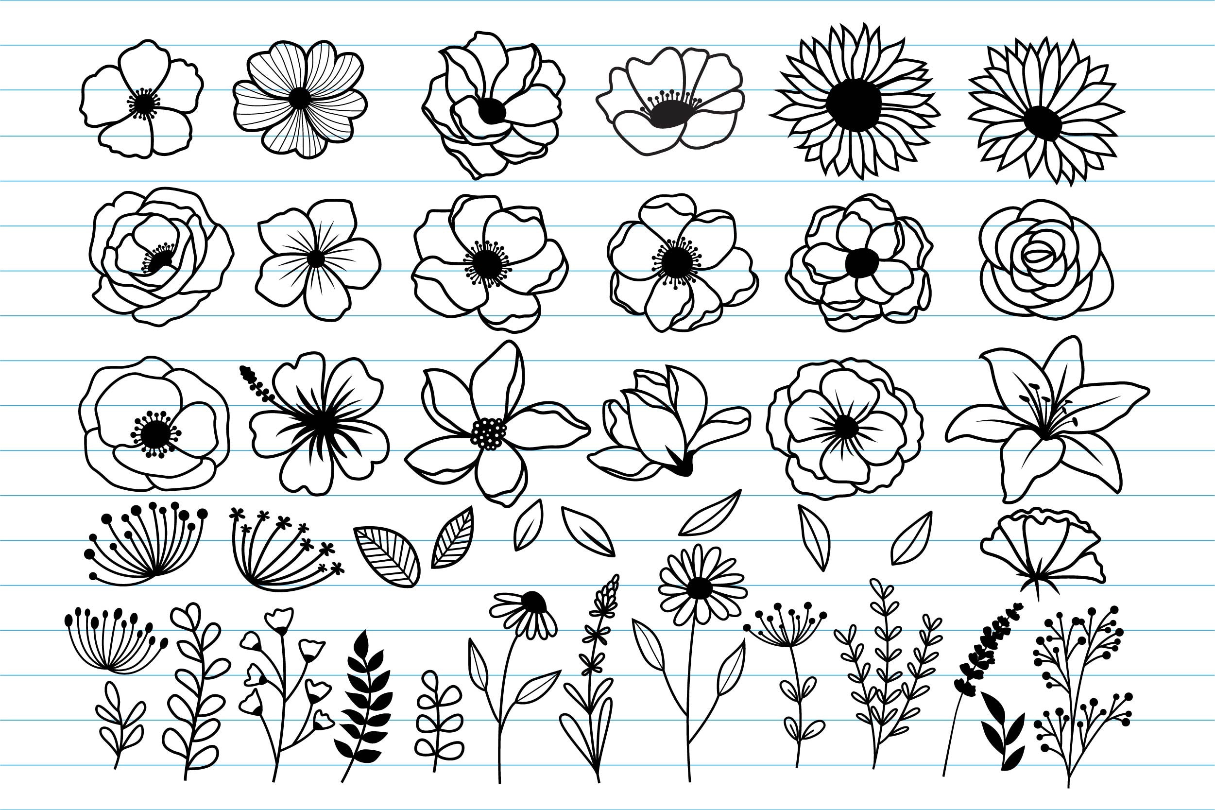 42 Flower Svg, Flower Bundle Svg, Wildflower Svg, Flowers and Leaves ...