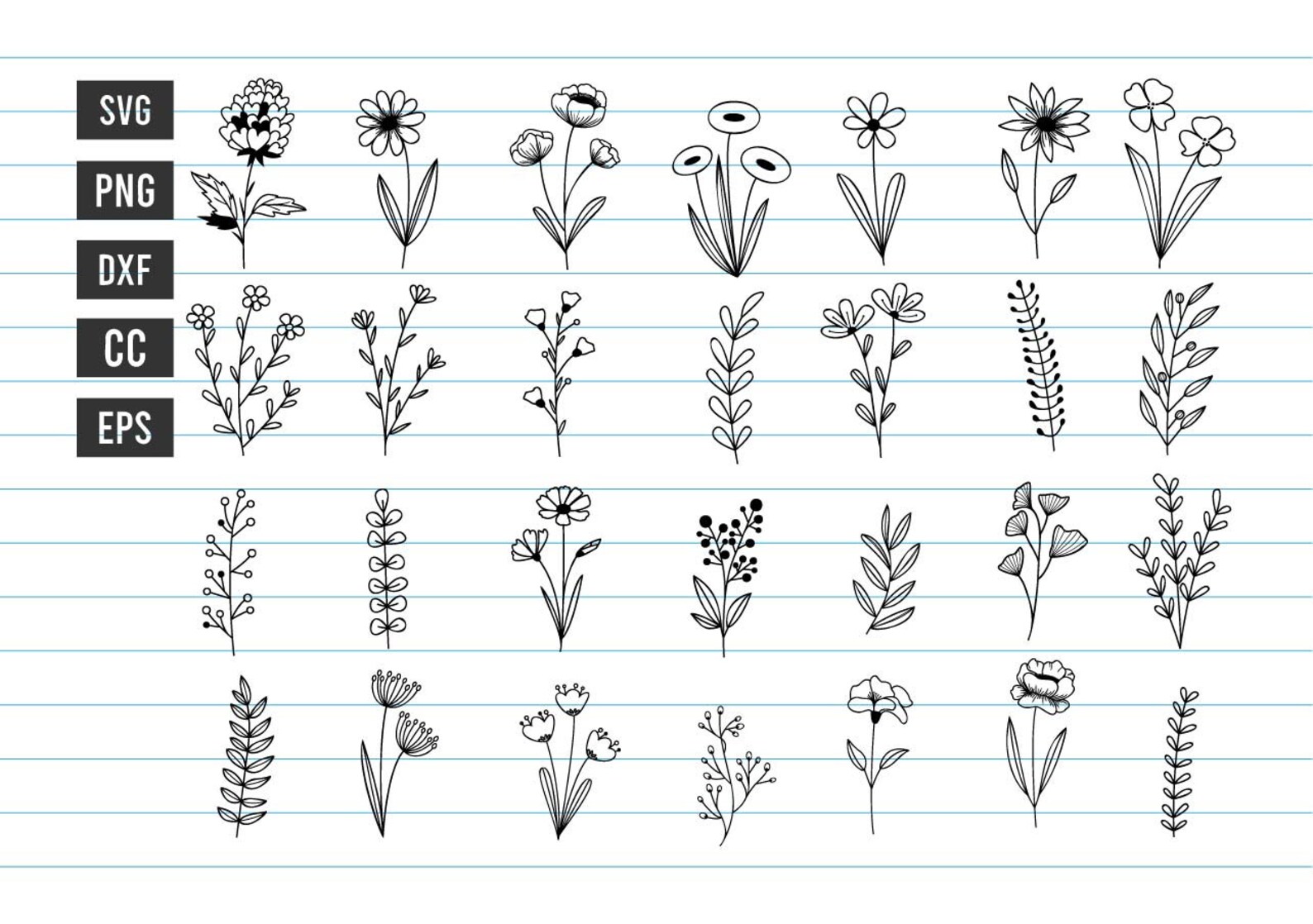 Flower Svg, Flower Element Svg, Hand Drawn Flower Botanical and Leaf ...