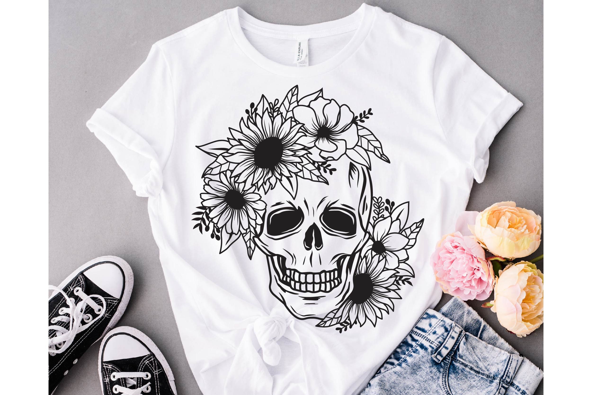 Flower Skull Svg Sunflower Skull Svg Skull With Flower Svg Etsy Finland