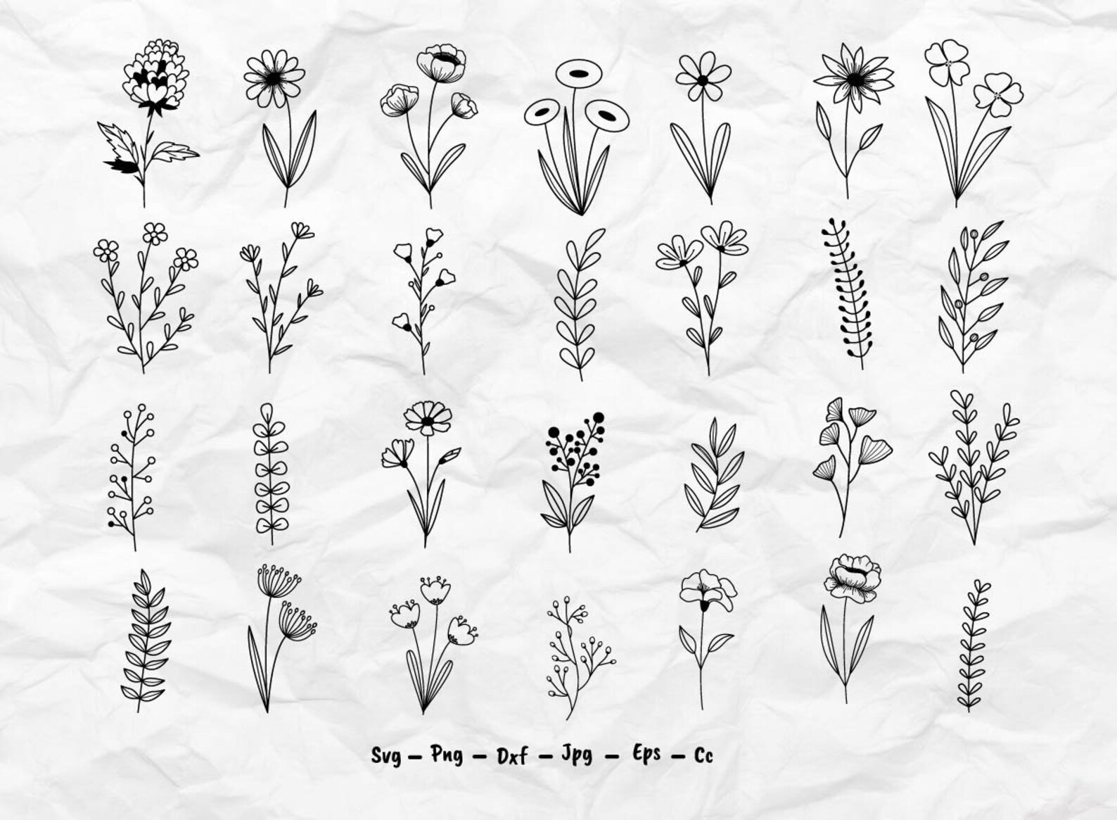 Flower Svg, Flower Element Svg, Hand Drawn Flower Botanical and Leaf ...