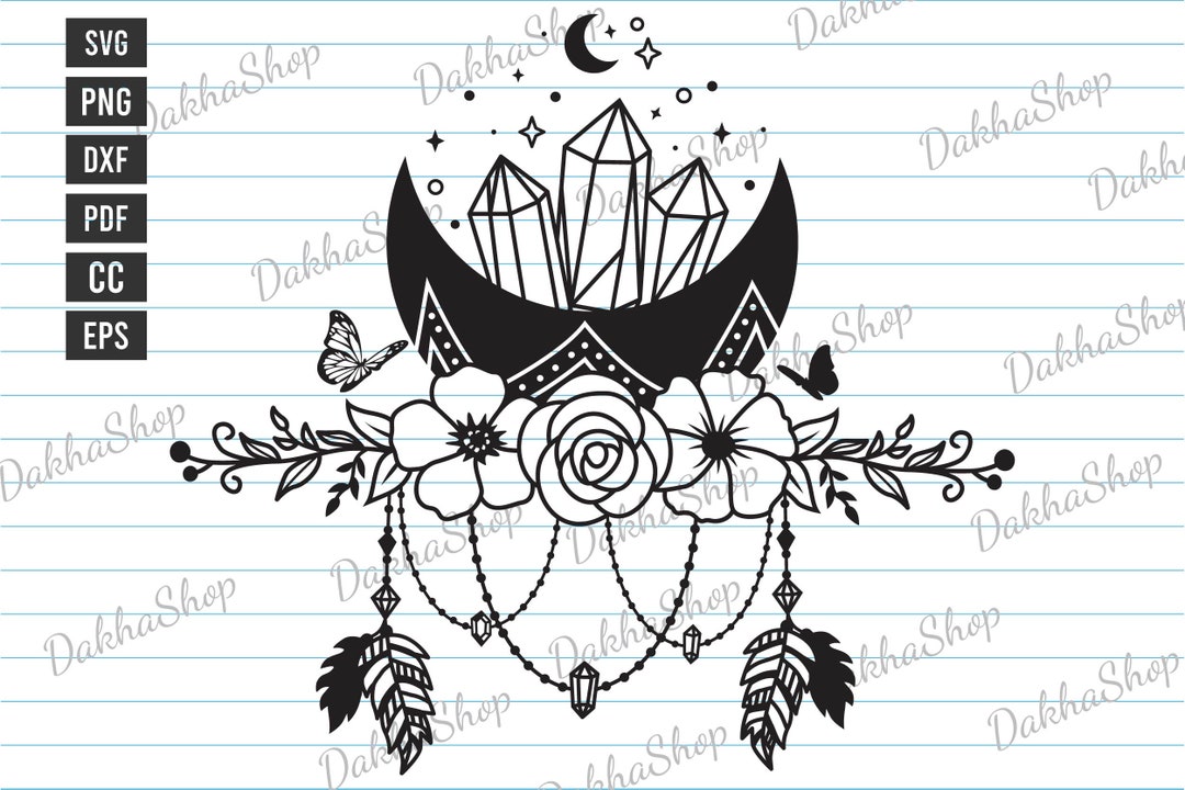 Floral Moon Svg, Crystals Svg Files, Mystic Moon With Flower Svg ...