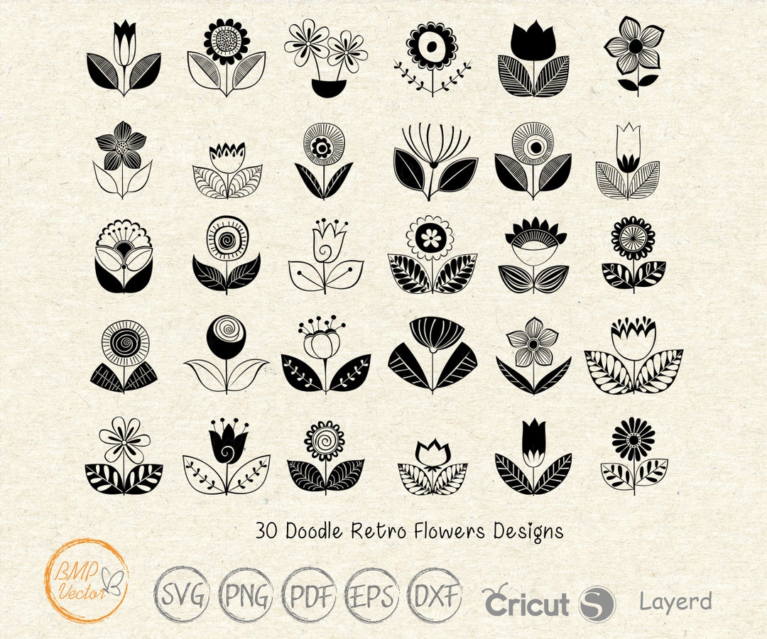 Retro Doodle Flower SVG Bundle: Hand-drawn Floral Sketch (digital ...