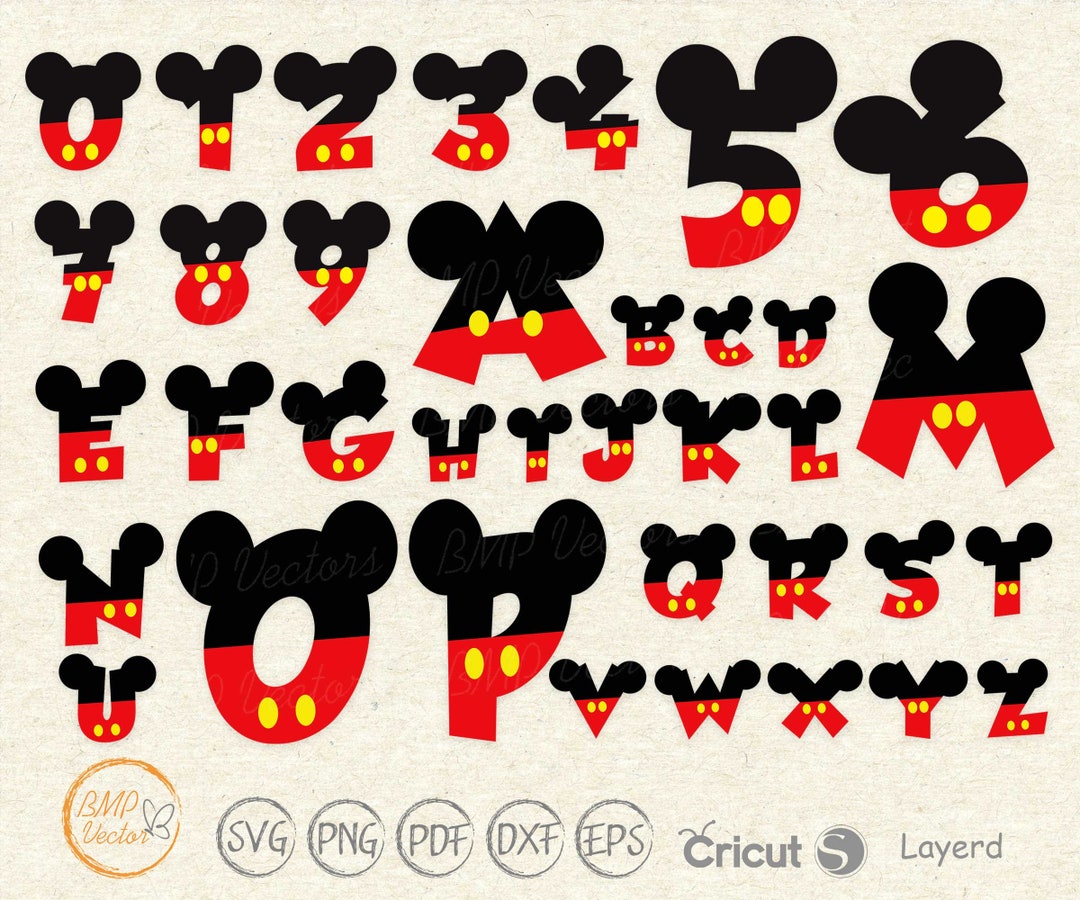 Mickey Alphabet Font and Number Svg, Birthday Font Svg, Cartoon ...