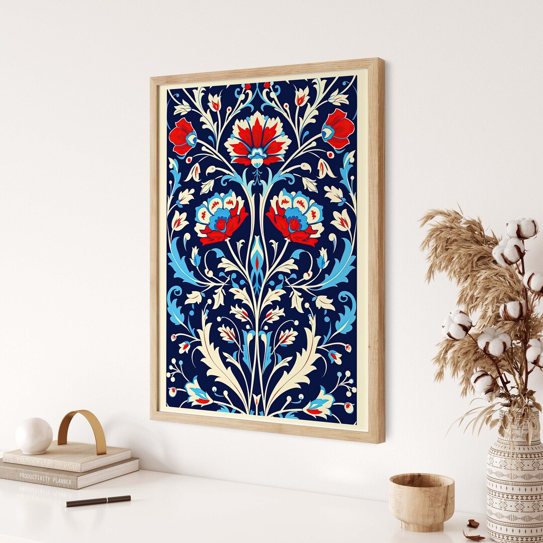 Blue Floral Geometric Pattern Wall Art, Boho Islamic Art, Islamic ...