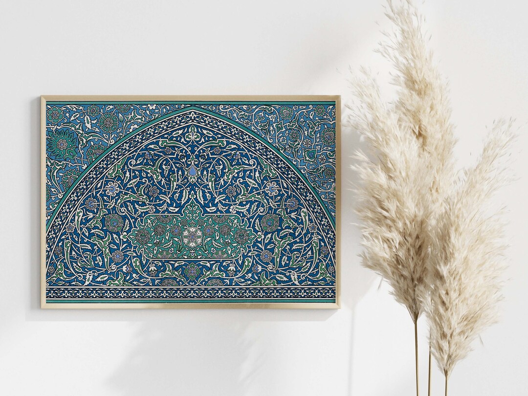 Blue Floral Geometric Pattern Wall Art, Boho Islamic Art, Islamic ...