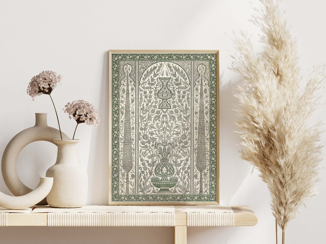 Green Floral Geometric Pattern Wall Art, Boho Islamic Art, Islamic ...