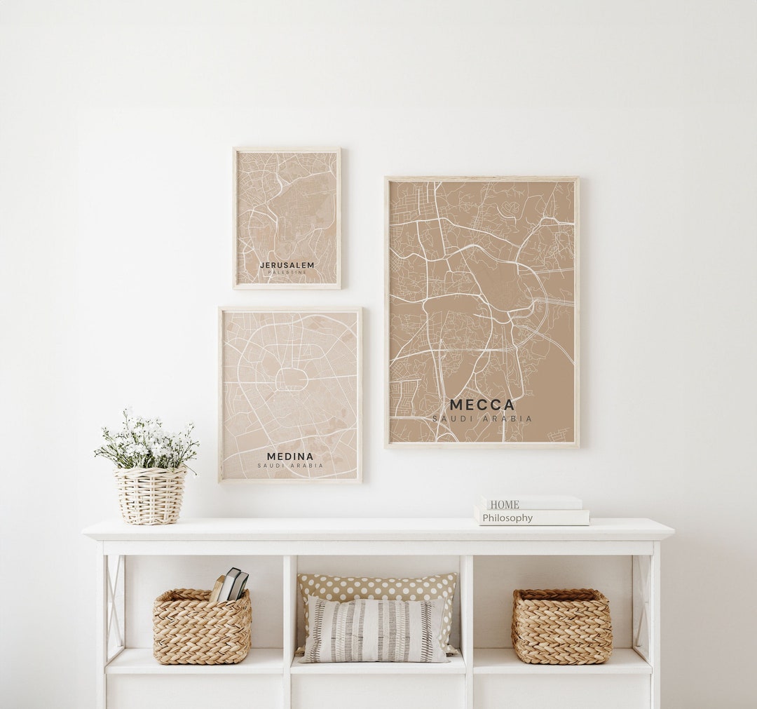 Set of 3 Islamic Map Wall Art - Mecca Medina Jerusalem Palestine Al ...