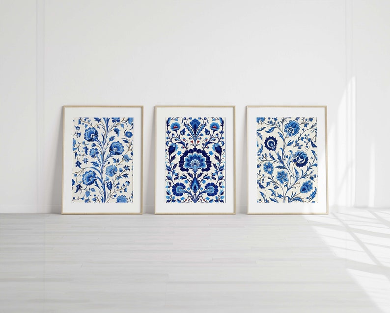 Set Turkish Floral Pattern Art, Blue Islamic Wall Art, Turkish Tile ...