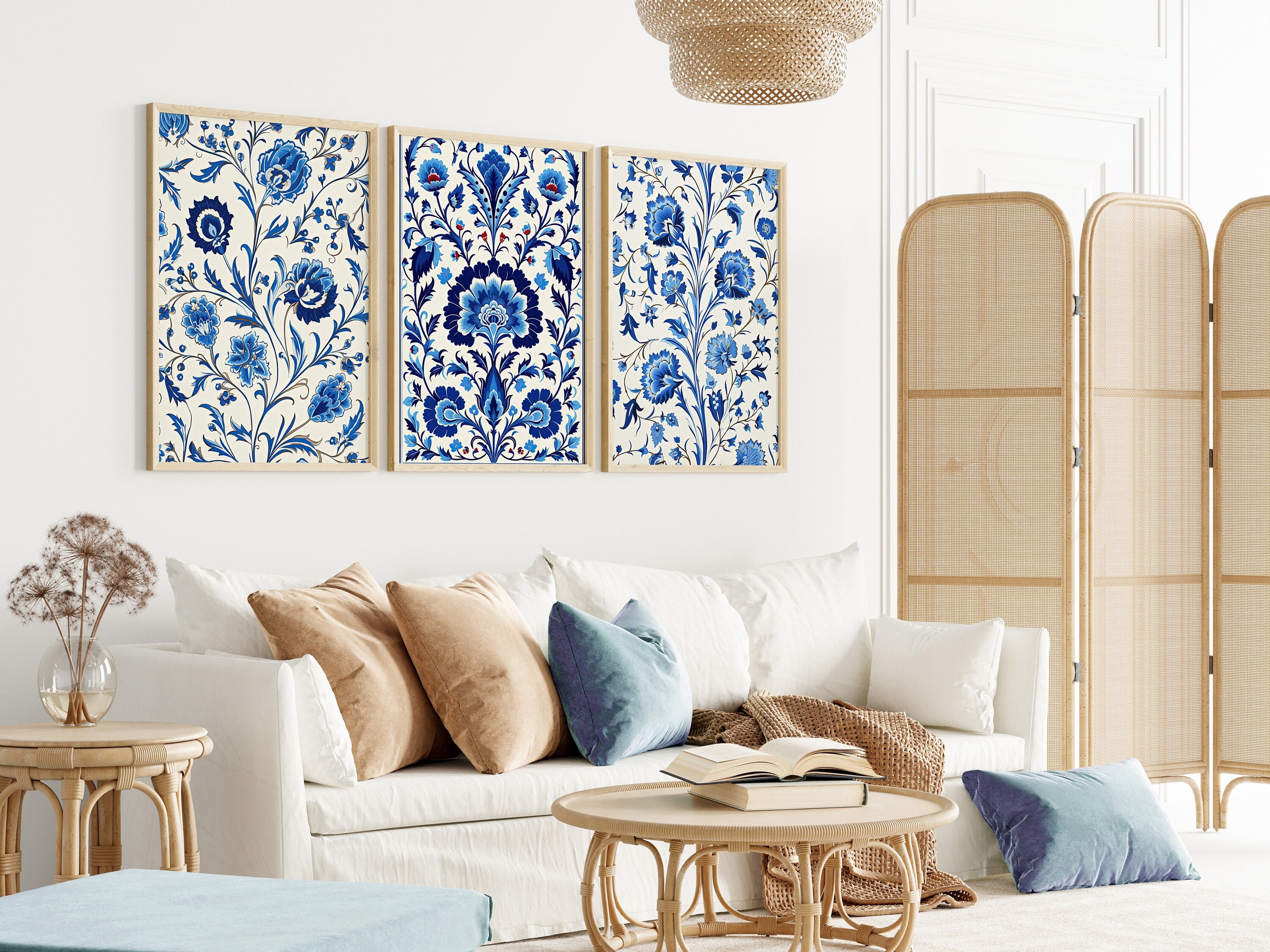Set Turkish Floral Pattern Art, Blue Islamic Wall Art, Turkish Tile ...