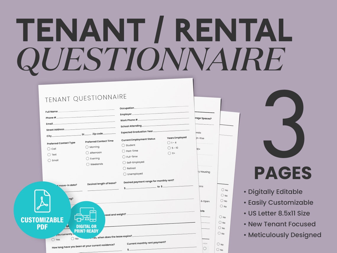 Tenant-lease Questionnaire Real Estate Lease Questionnaire - Etsy