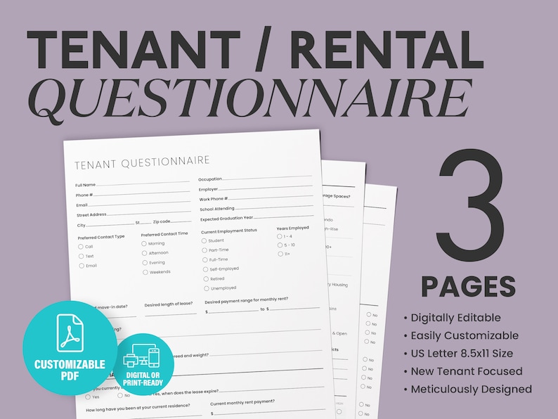Tenant-lease Questionnaire, Real Estate Lease Questionnaire, Tenant ...