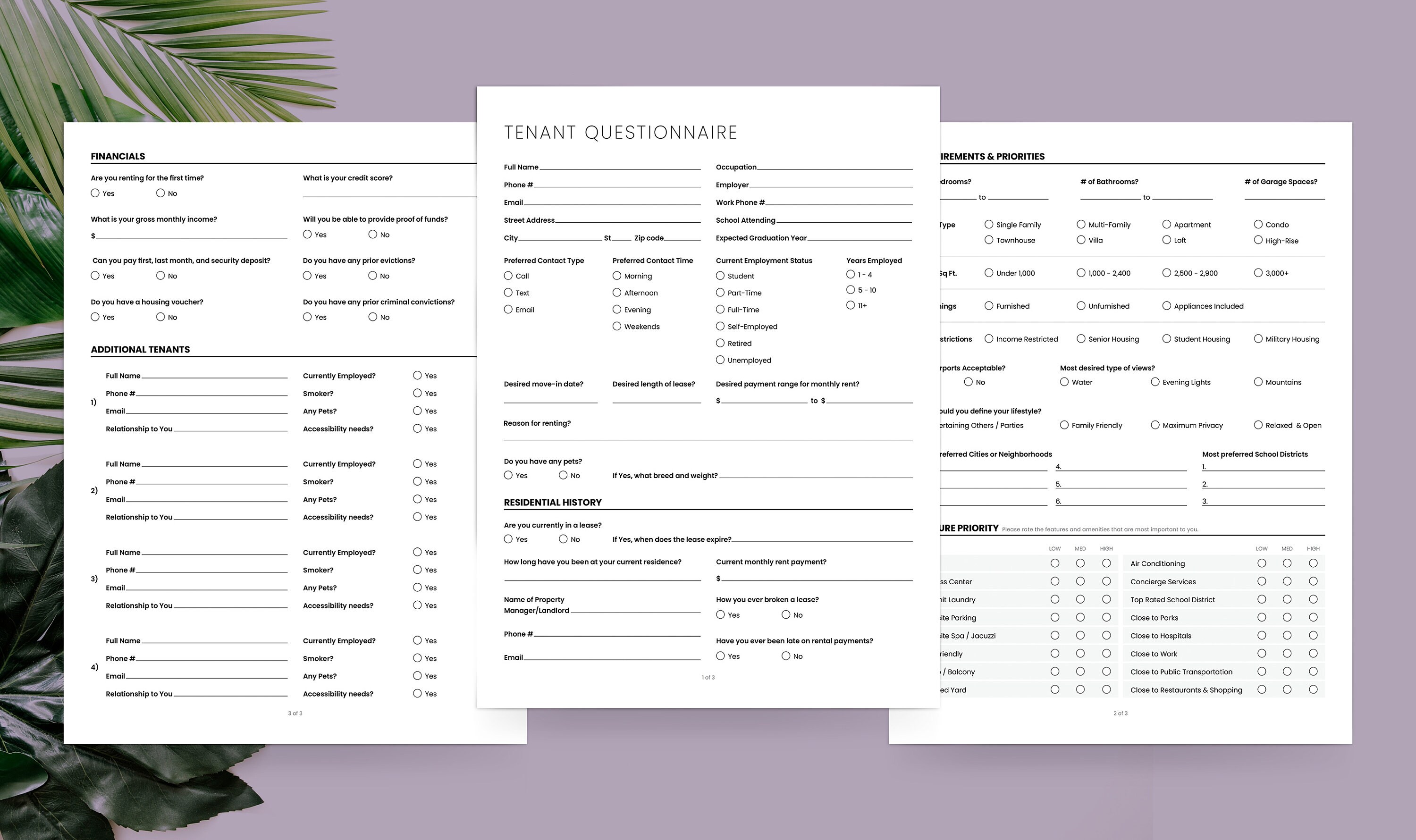 Tenant-lease Questionnaire, Real Estate Lease Questionnaire, Tenant ...