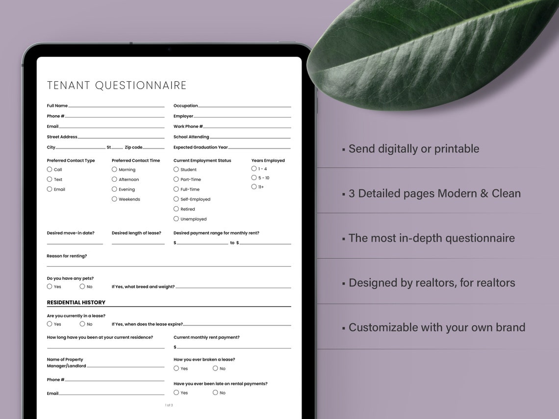 Tenant-lease Questionnaire Real Estate Lease Questionnaire - Etsy