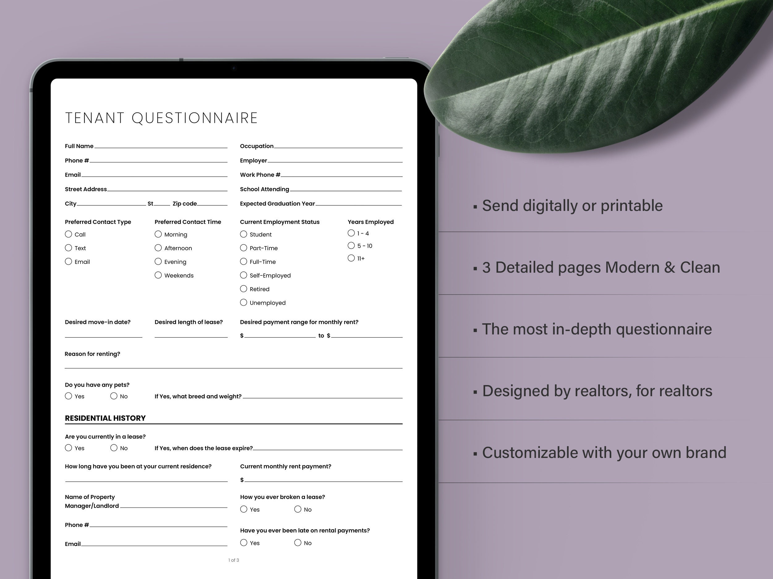 Tenant Lease Questionnaire, Real Estate Screening (printable PDF) - Etsy