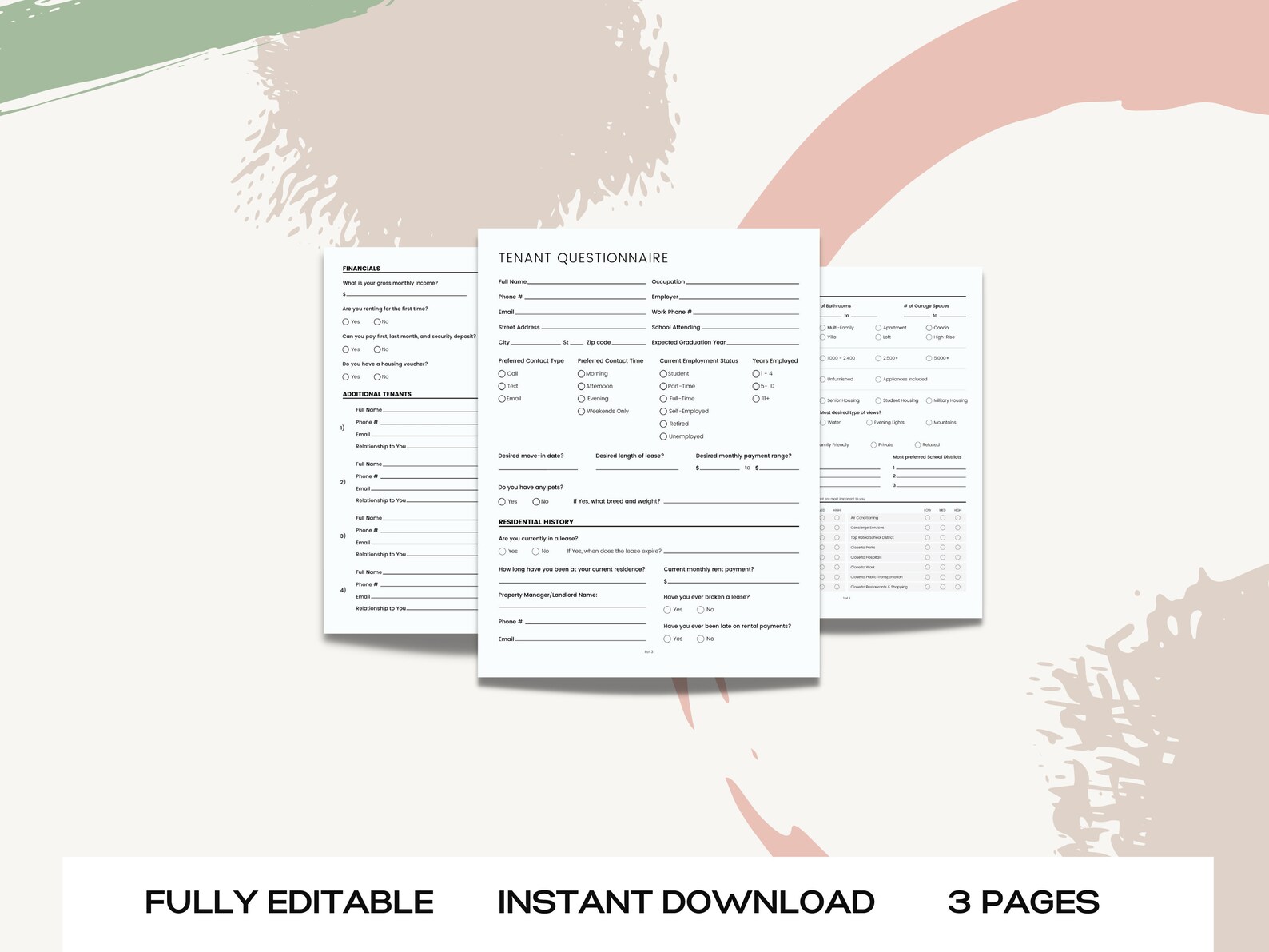 Tenant Screening Questionnaire, Real Estate Rental Form (printable PDF) - Etsy