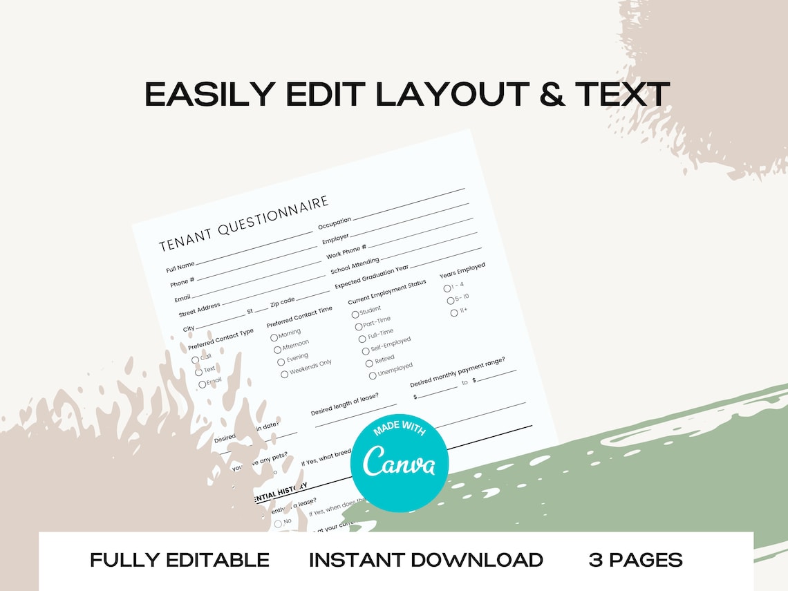 Tenant Screening Questionnaire, Real Estate Rental Form (printable PDF) - Etsy