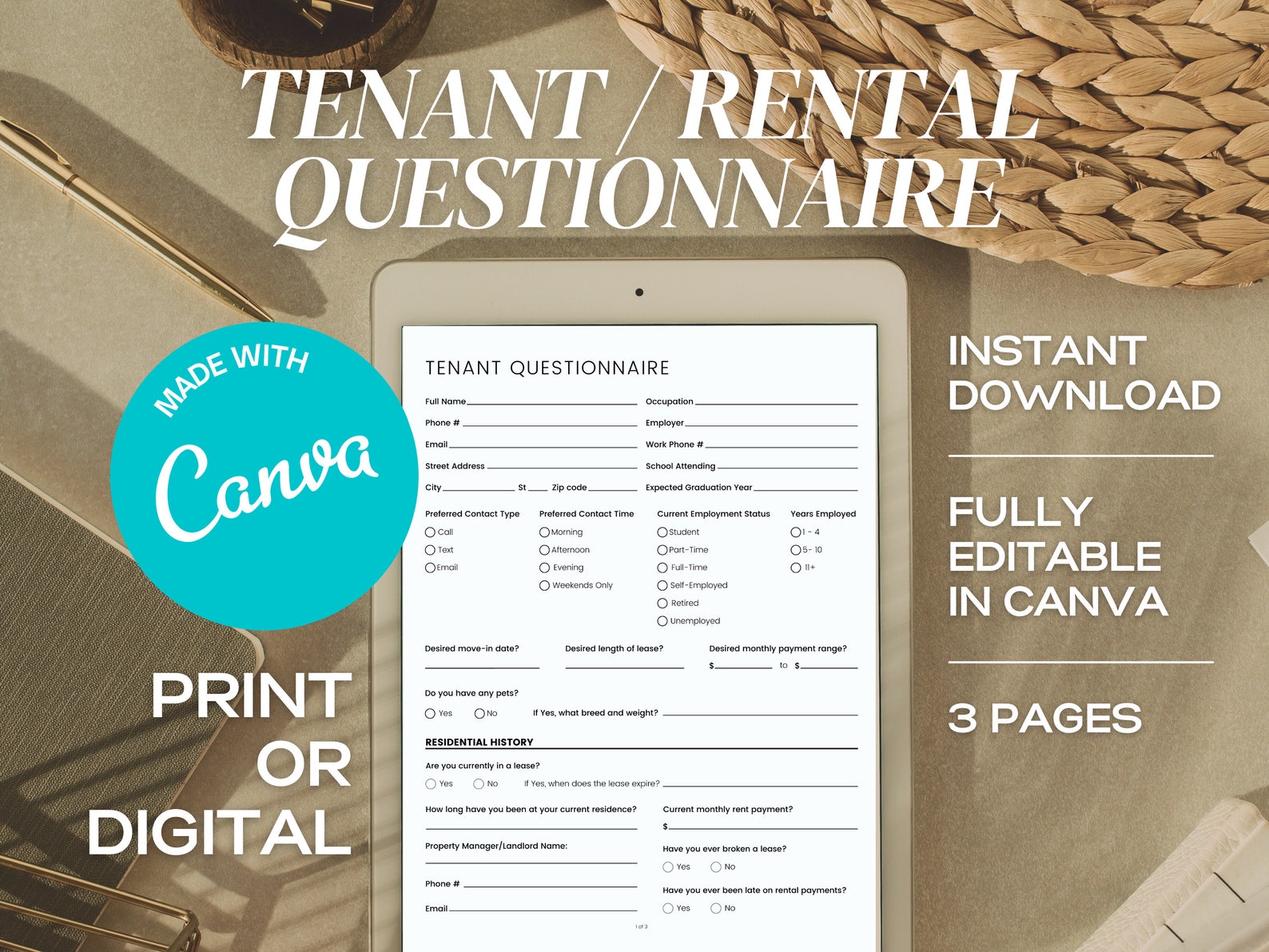 Tenant Screening Questionnaire, Real Estate Rental Form (printable PDF ...