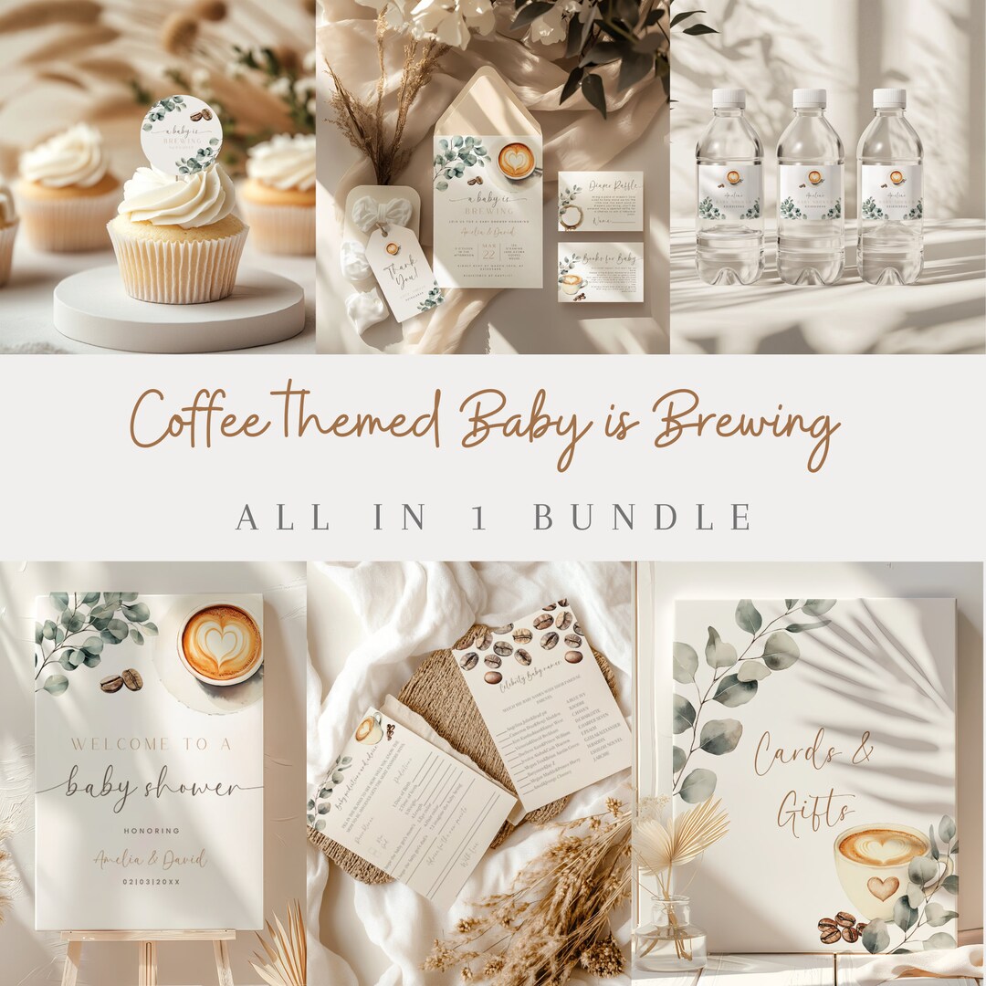 Coffee Bean Baby Shower Invitation Bundle. A Baby is Brewing Eucalyptus ...