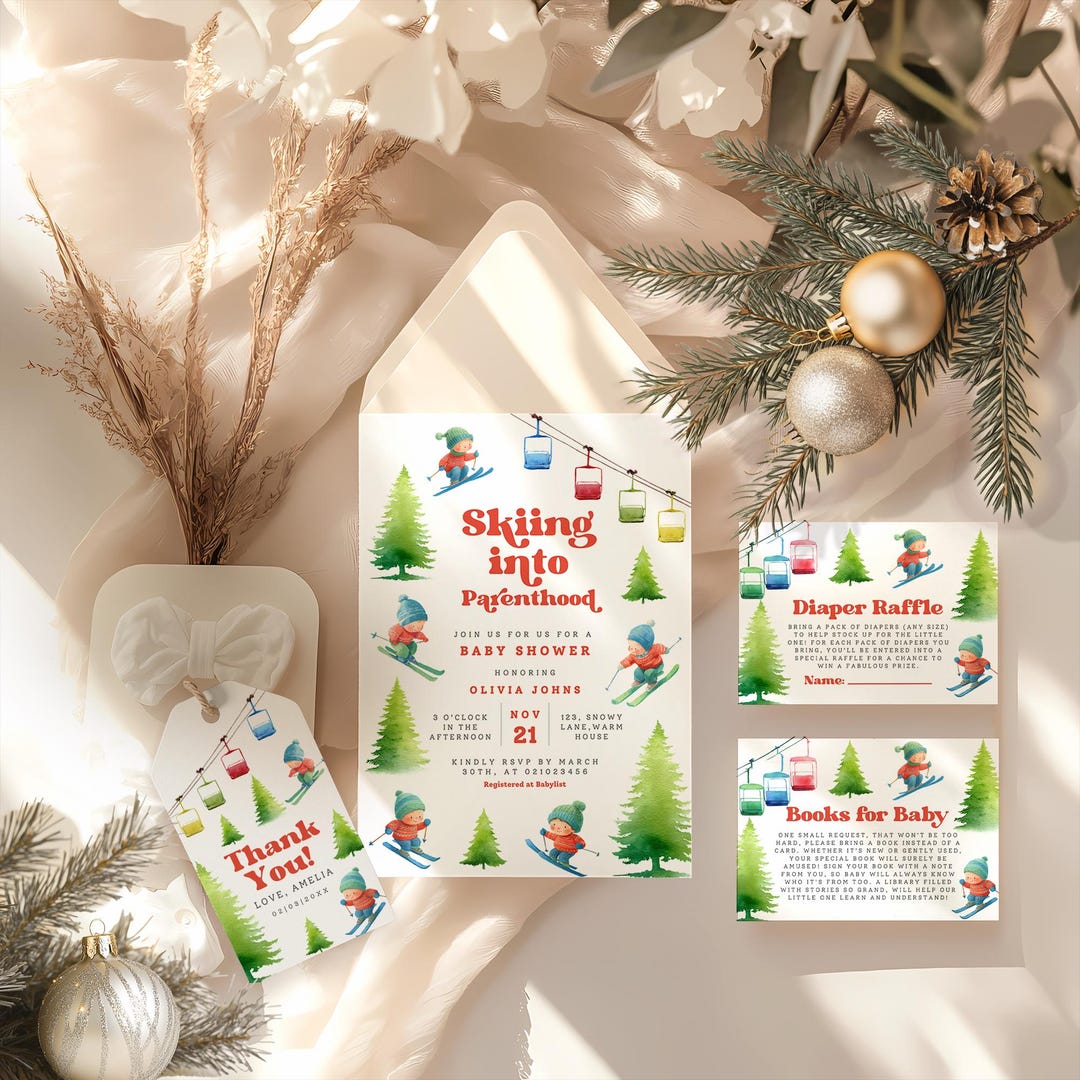 Ski Themed Baby Shower Invitation Kit Set, Including Ski Diaper Raffle ...