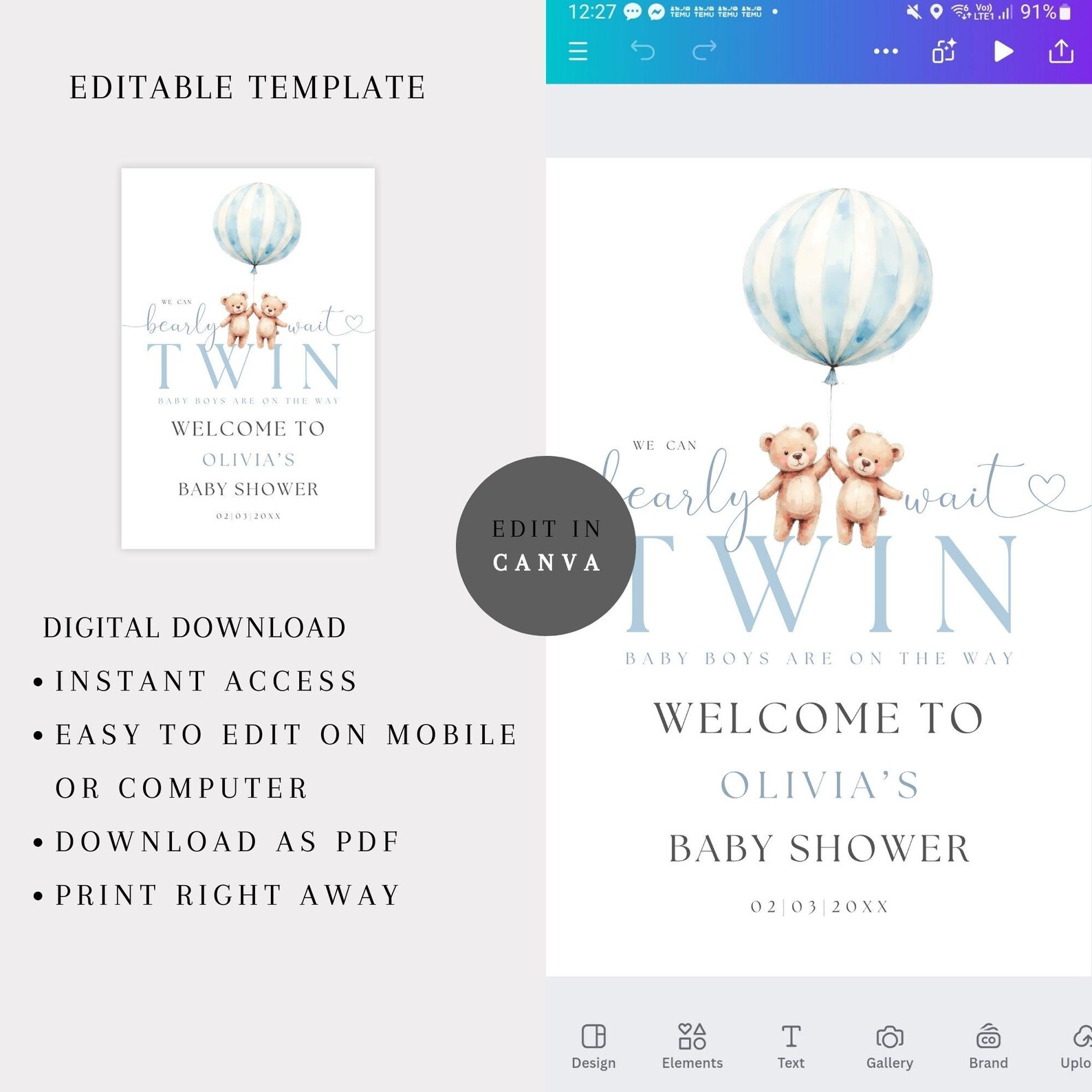 Twin Boys Baby Shower Bears and Balloon Welcome Sign, Editable Template ...