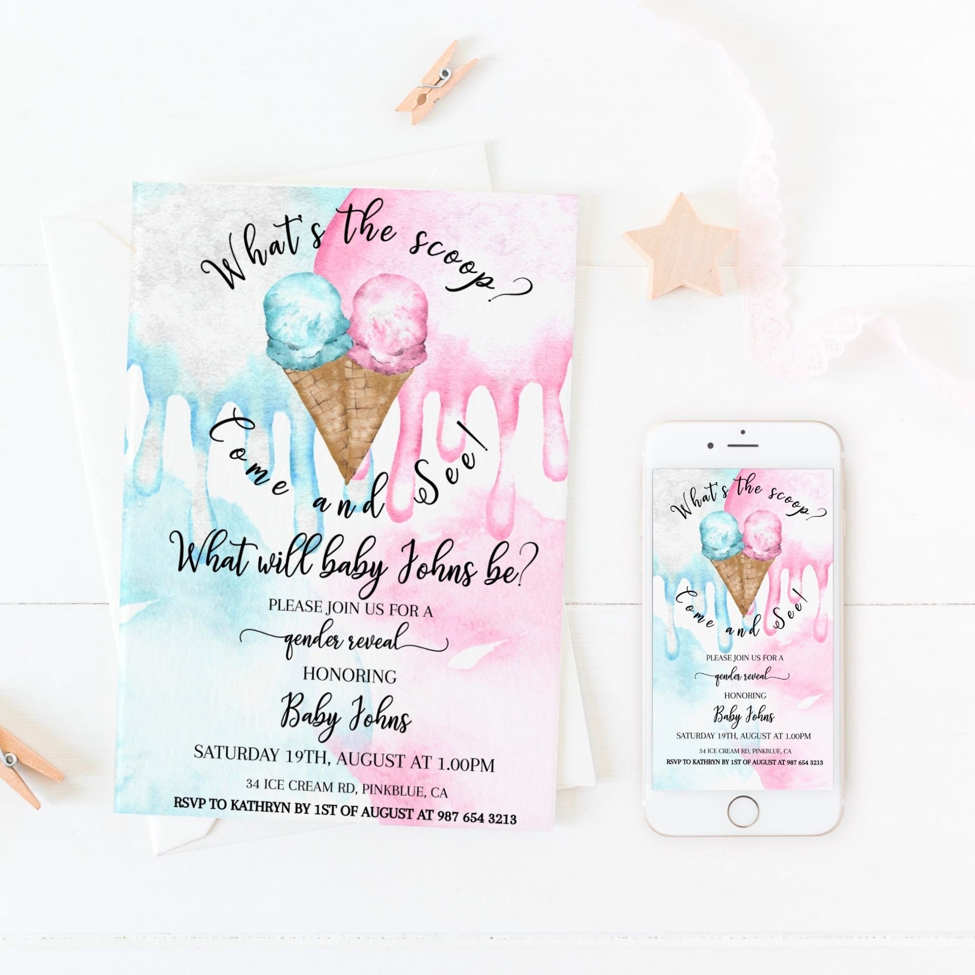 Whats The Scoop Gender Reveal Invitation Editable Printable 54 OFF