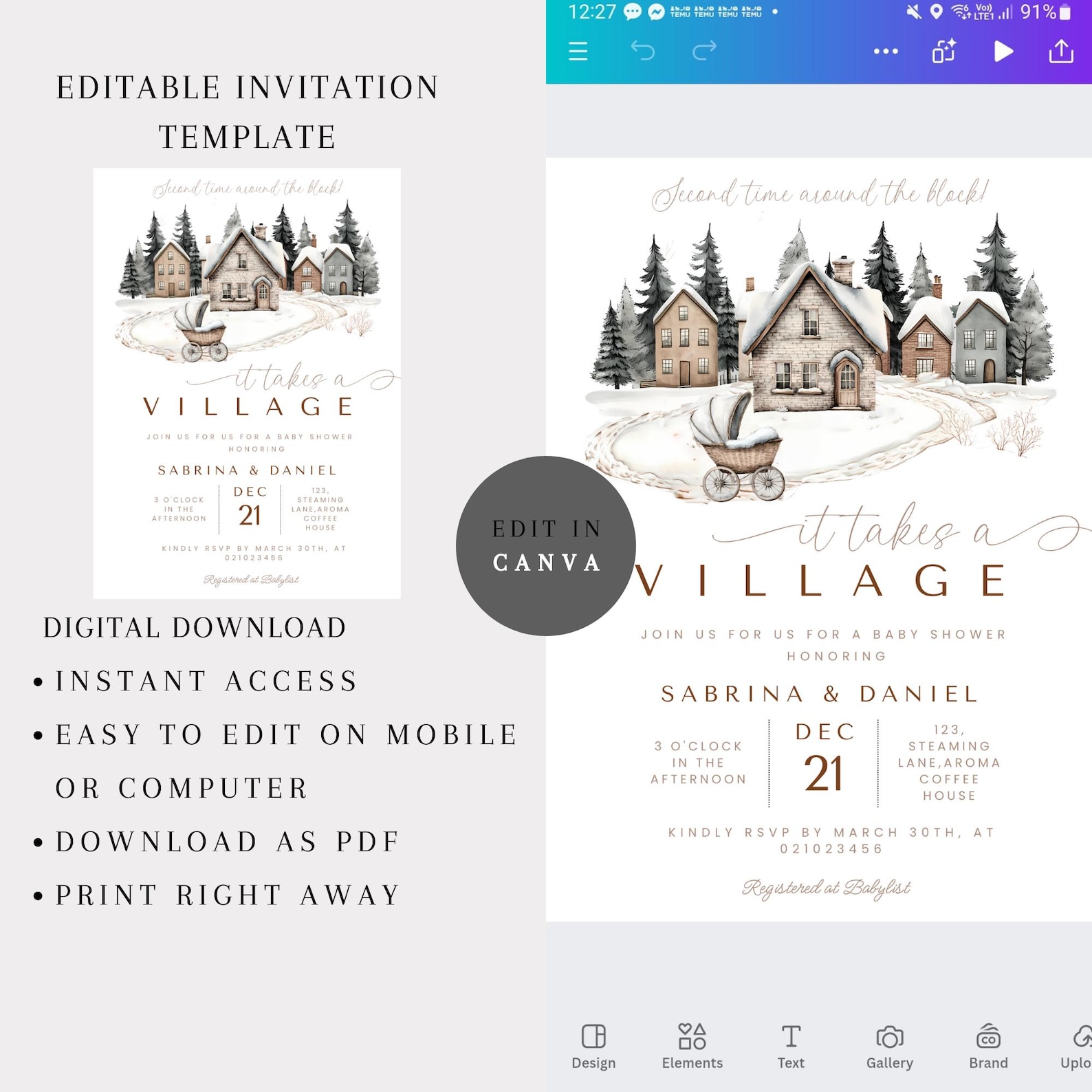 It Takes a Village, Baby Shower, Invite Set, Winter Brick House ...