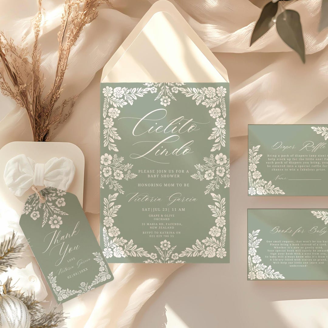 Cielito Lindo Baby Shower Invitation Set Sage Green, Cielito Lindo Baby ...