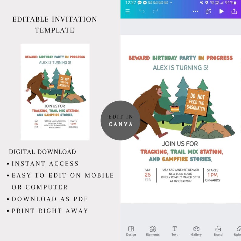 Bigfoot Birthday Invitation Template, Editable Sasquatch Party Invite ...